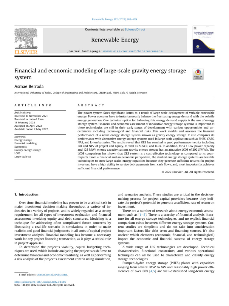 Financial and Economic Modeling of Large-Scale Gravity Energy Storage System | PDF | Net Present ...
