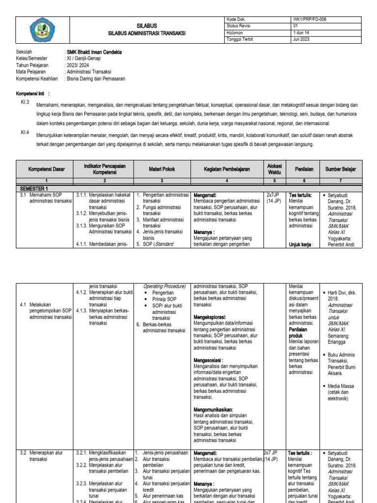 Silabus Adm Transaksi - Xi BDP | PDF