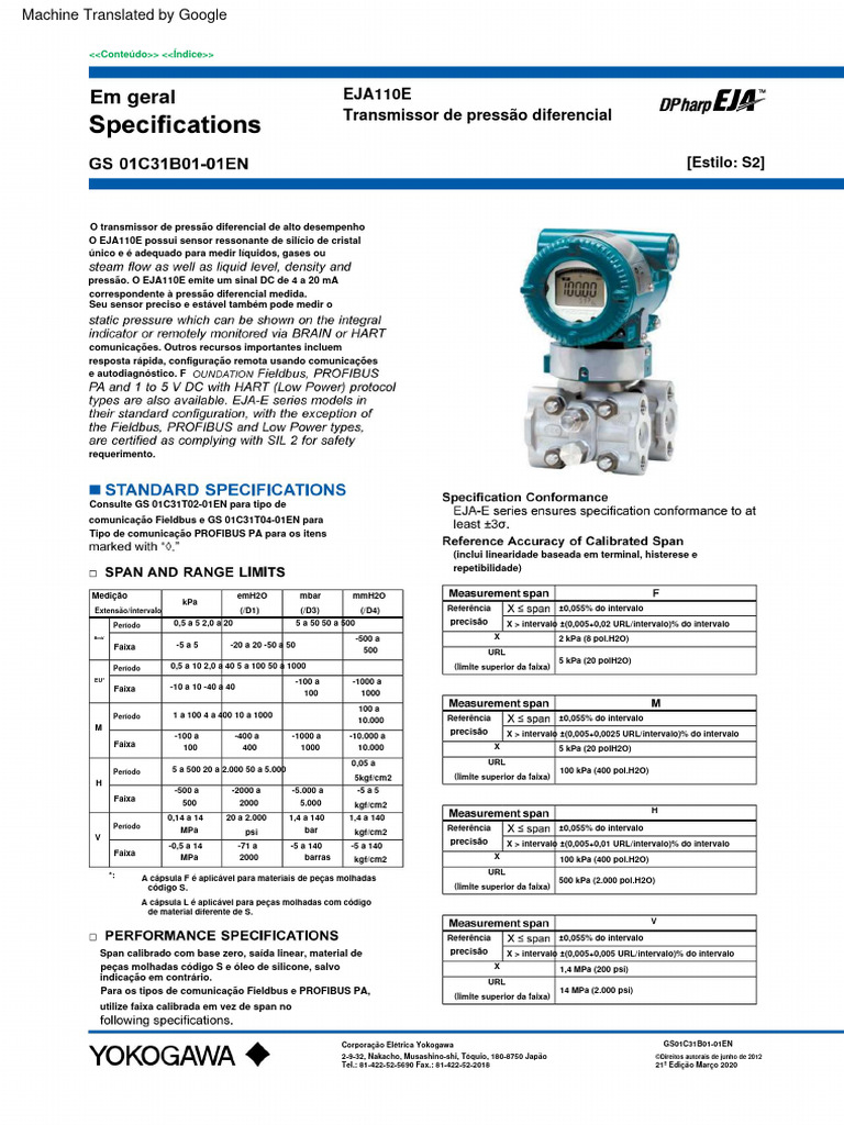 Yokogawa EJA110E General Specifications | PDF | Aço | Pressão