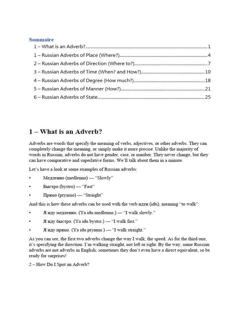 Russian Adverb 101 | PDF | Adverb | Adjective