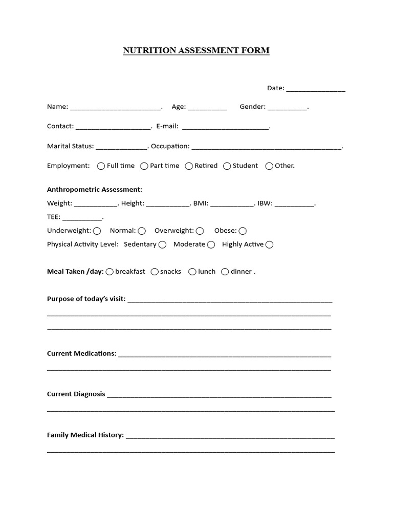 Assessment Form | PDF | Foods | Diet (Nutrition)