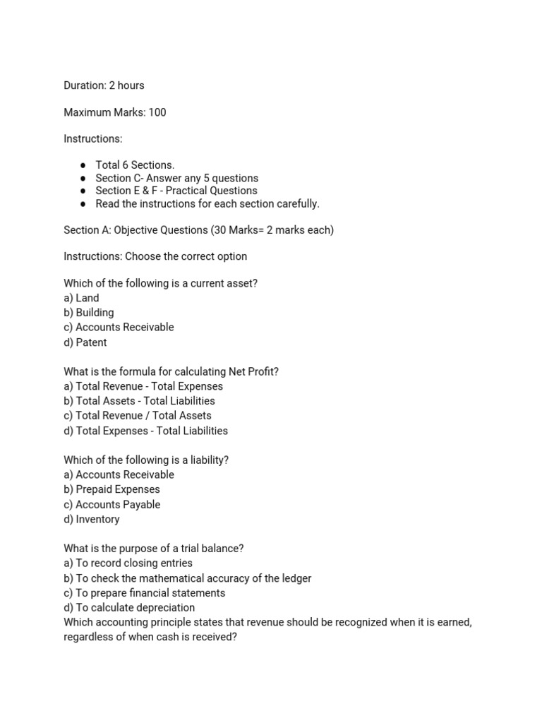 Accounting Exam: Objective & Practical Questions | PDF | Debits And ...