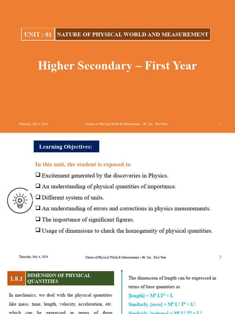 11th Physics Dimension of Physical Quantities | PDF | Mathematical Concepts | Quantity