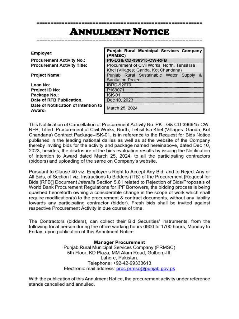Annulment of Civil Works Procurement Notice | PDF | Procurement