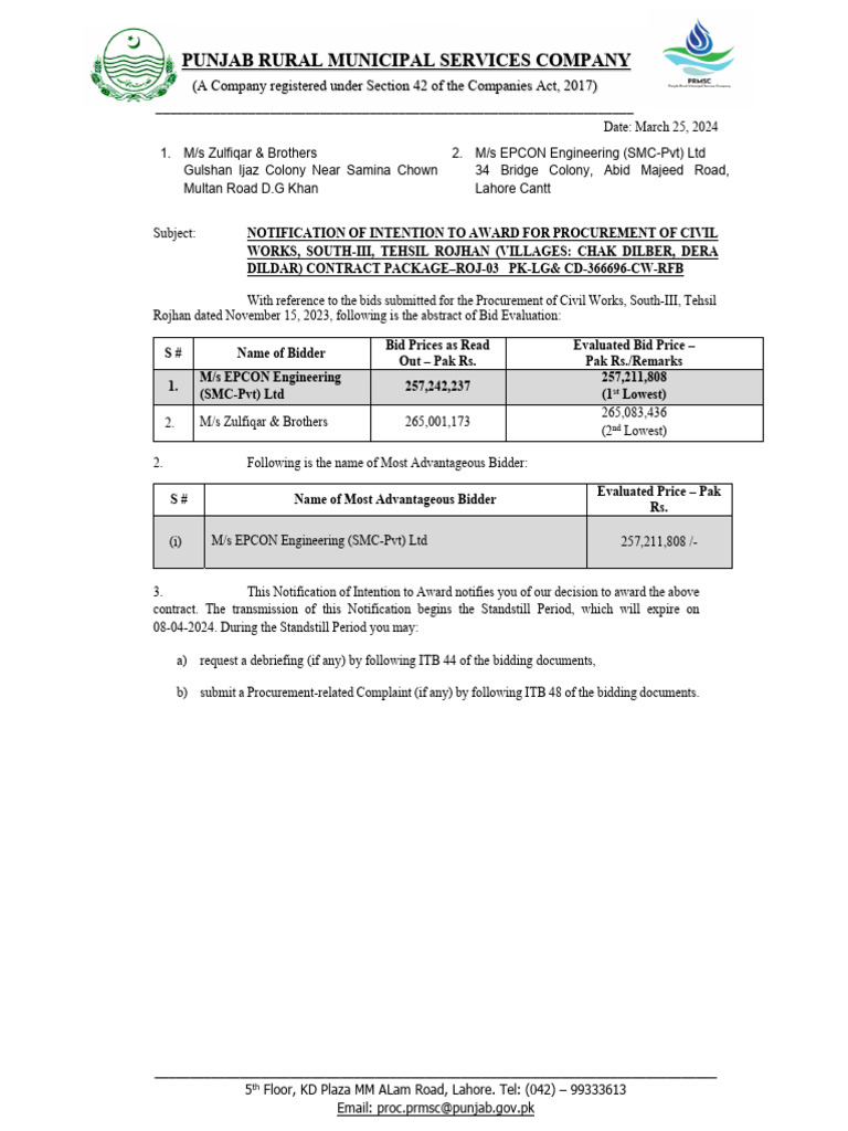 Notification of Intention To Award Phase-VI Rojhan ROJ-03 | PDF