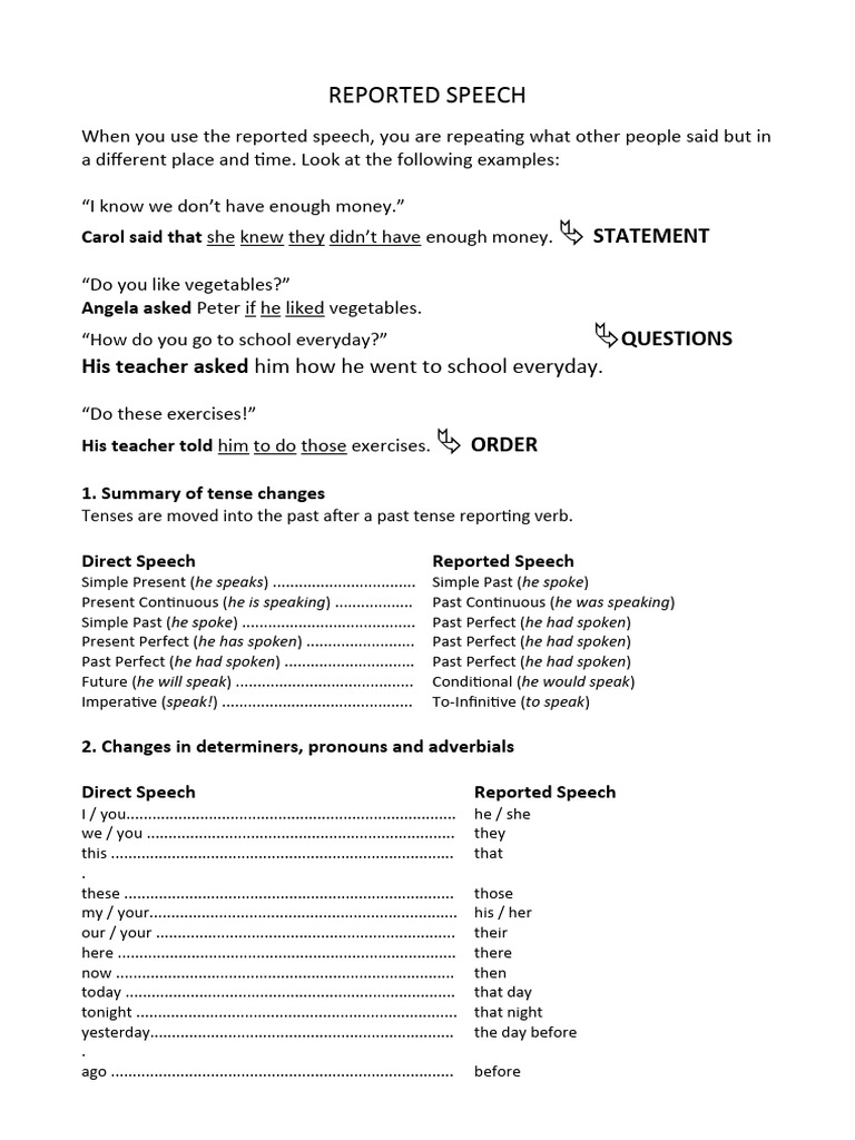 REPORTED SPEECH 9ºano | PDF | Grammatical Tense | Perfect (Grammar)