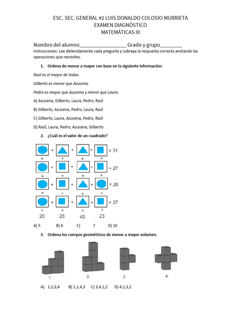 Examen Diagnostico Mat 3 24-25 MCR | PDF | Matemática Elemental ...