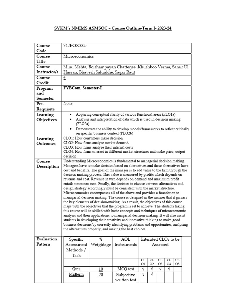 Microeconomics Course Outline | PDF | Monopoly | Demand