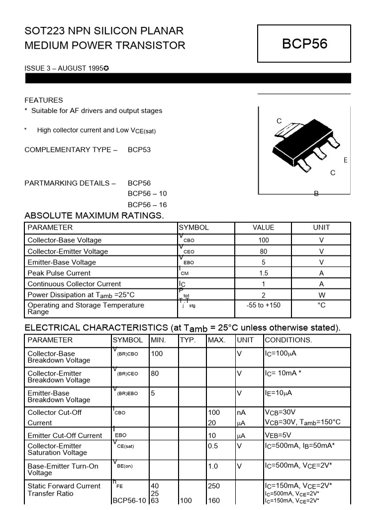 BCP56 | PDF | Bipolar Junction Transistor | Electromagnetism