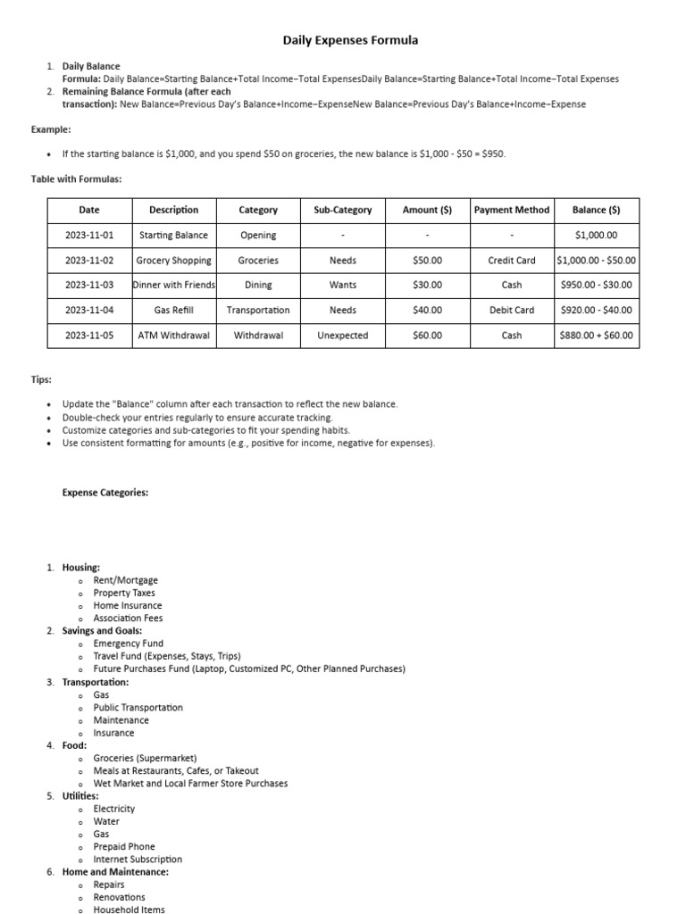 Daily Expenses Formula | PDF | Expense | Grocery Store