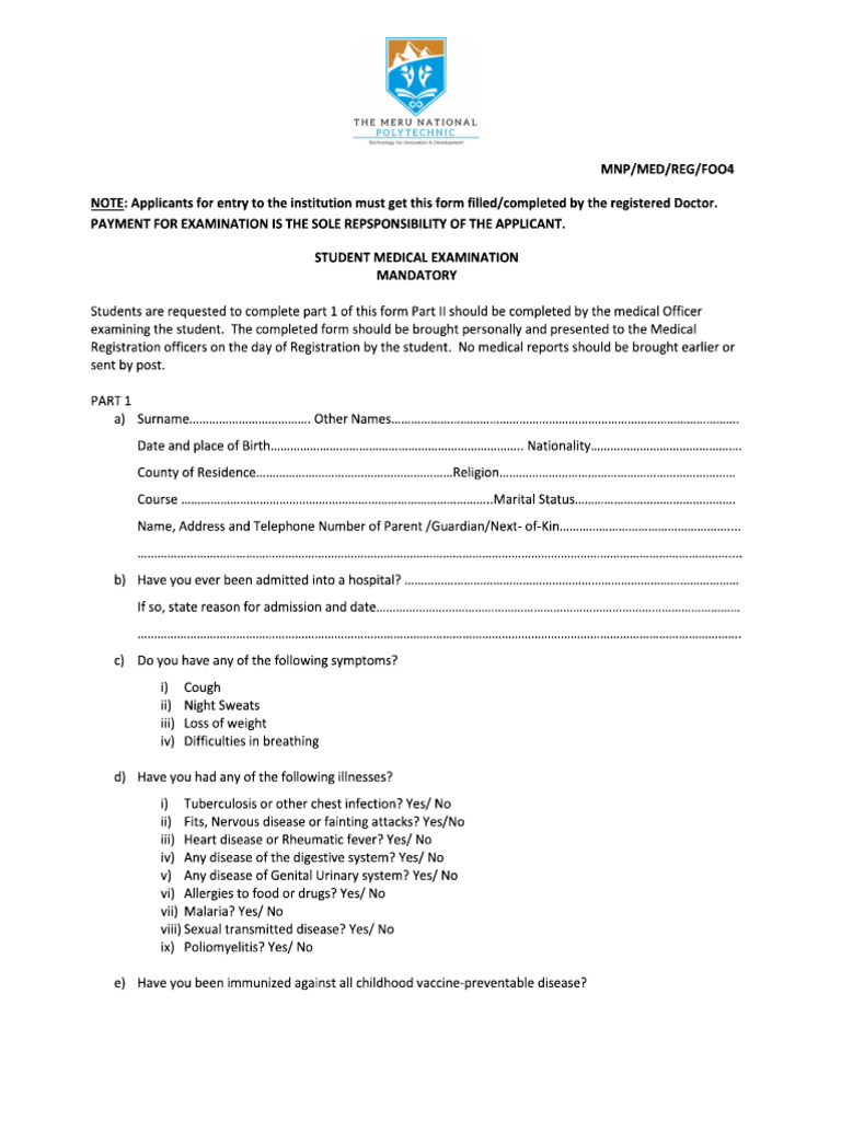 Medical Form 1 | PDF