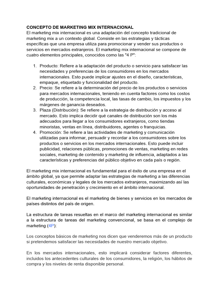 Marketing Mix Internacional | PDF | Marketing | Producto (Negocio)