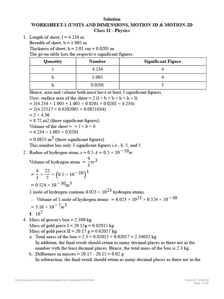 Worksheet-1 Solutions | PDF | Velocity | Acceleration