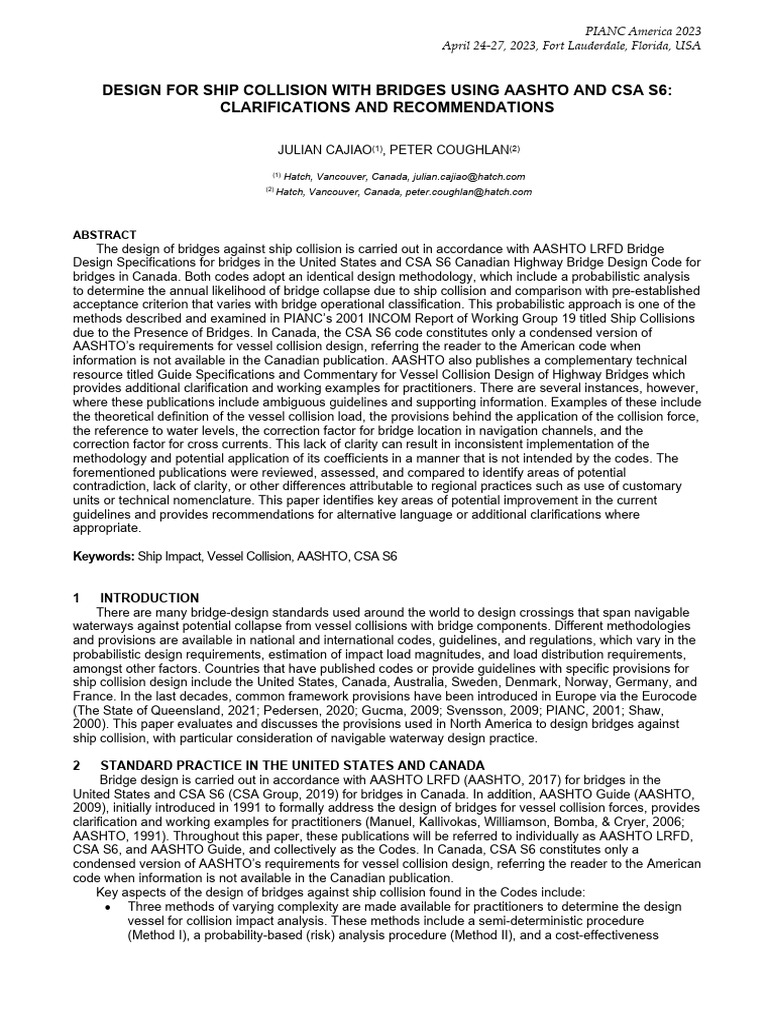 Design for Ship Collision with Bridges using AASHTO and CSA S6 - Clarifications and ...