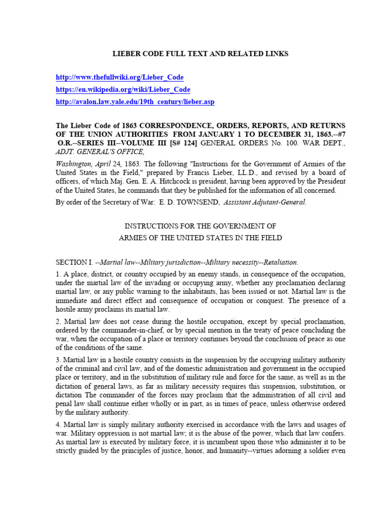 Lieber Code Full Text and Related Links | PDF | Prisoner Of War | Law Of War