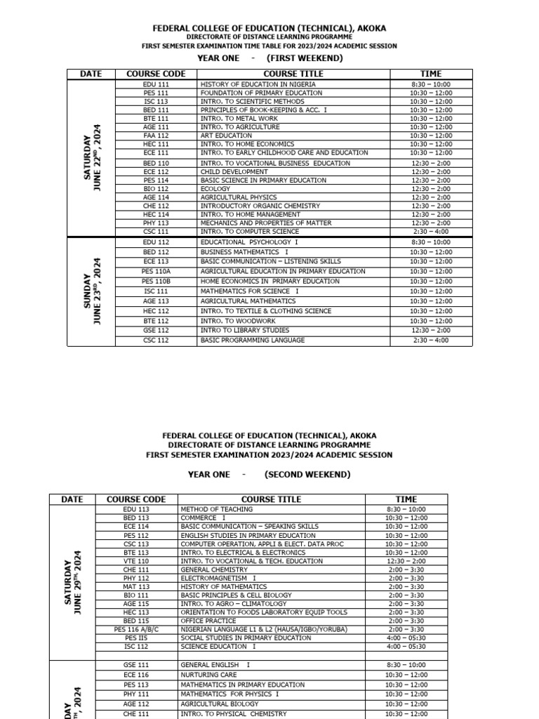 2023/2024 FCE Akoka Exam Timetable | PDF | Science | Electronic Engineering