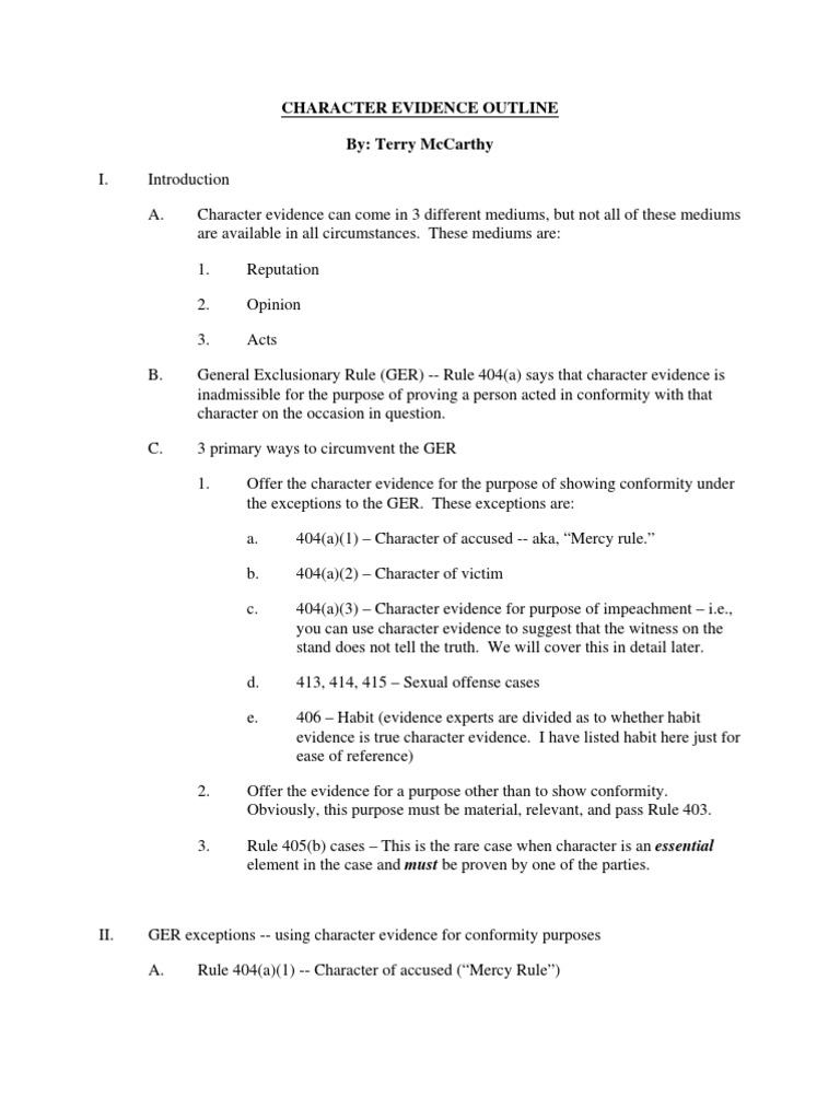 Character Evidence Outline | Witness | Witness Impeachment