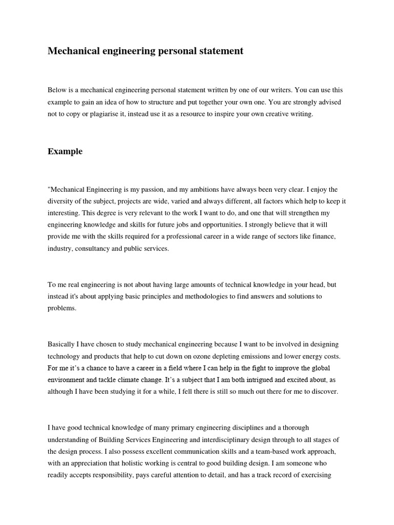 Mechanical Engineering Personal Statement | PDF | Engineering | Knowledge Mechanical Engineering Personal Statement | PDF | Engineering | Knowledge