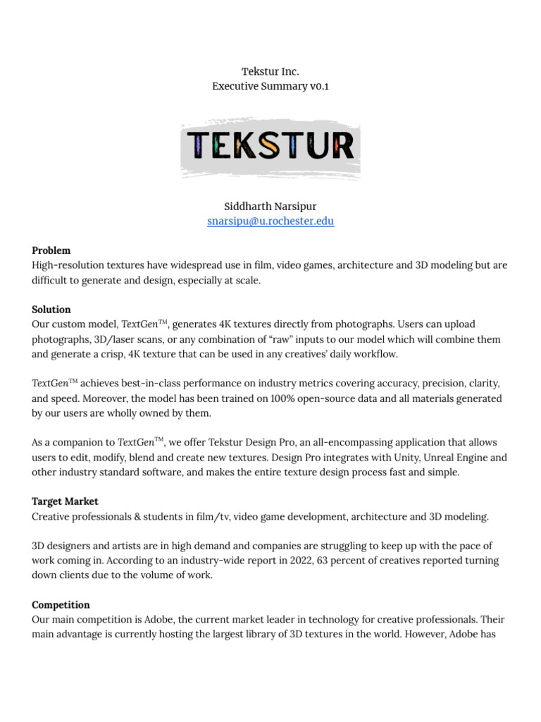 Tekstur Inc - Executive Summary Draft | PDF | 3 D Computer Graphics | 3 D Modeling