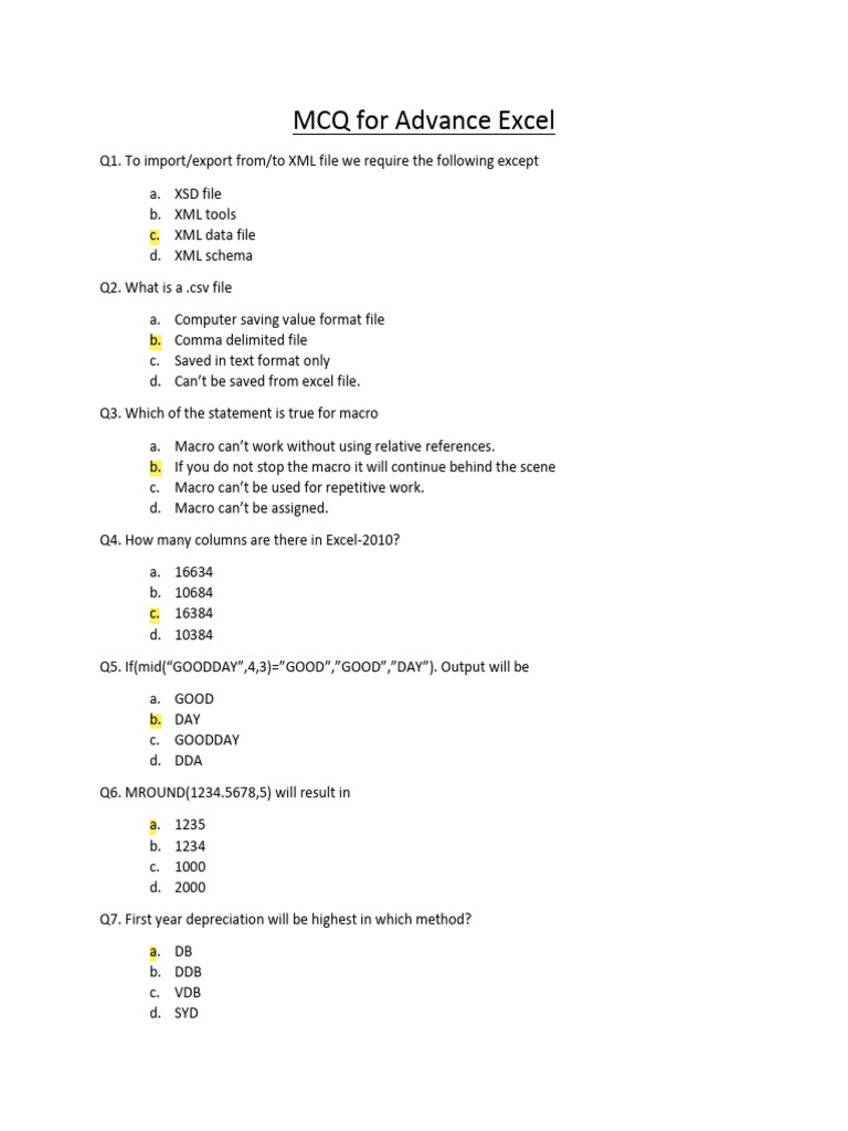 MCQ For Advance Excel PRACTICE SSLE | PDF | Microsoft Excel | Comma Separated Values
