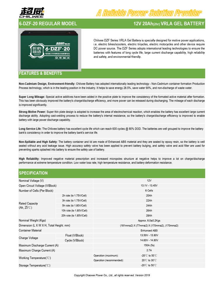 Chilwee 6 DZF 20 Battery | PDF | Rechargeable Battery | Battery (Electricity)