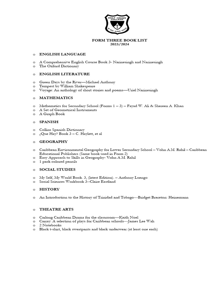 HCC Form 3 Book List 2023-2024 | PDF | Trousers | T Shirt