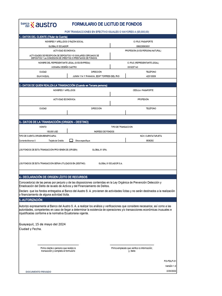 Copia de Formulario de Licitud de Fondos | PDF | Bancos | Ecuador
