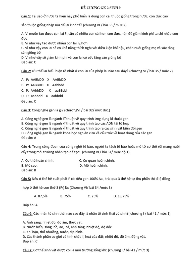 ĐỀ CƯƠNG GK 2 SINH 9 | PDF