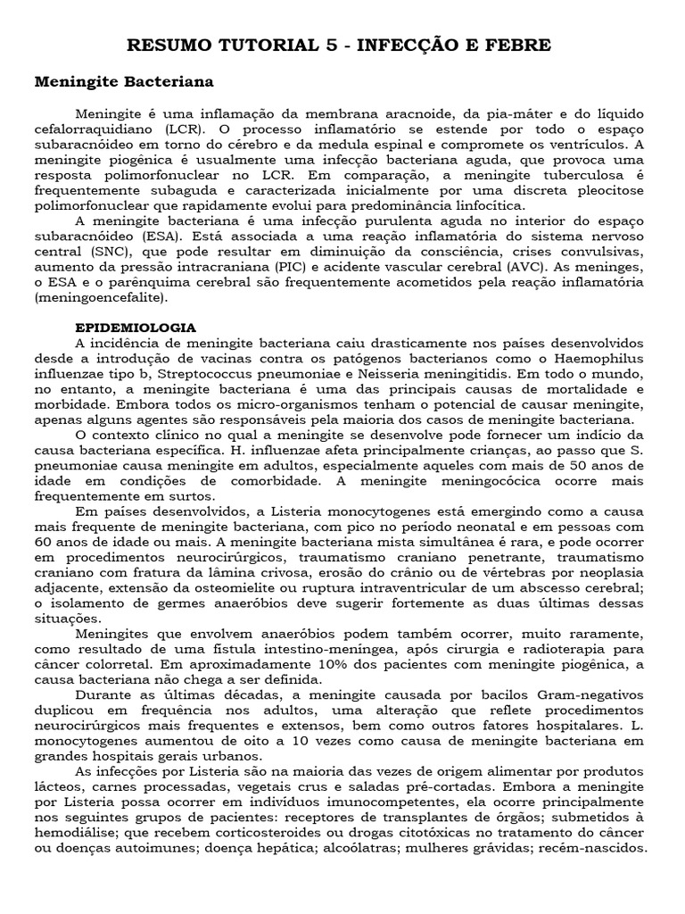 Resumo Tutorial 5 | PDF | Meningite | Líquido cefalorraquidiano