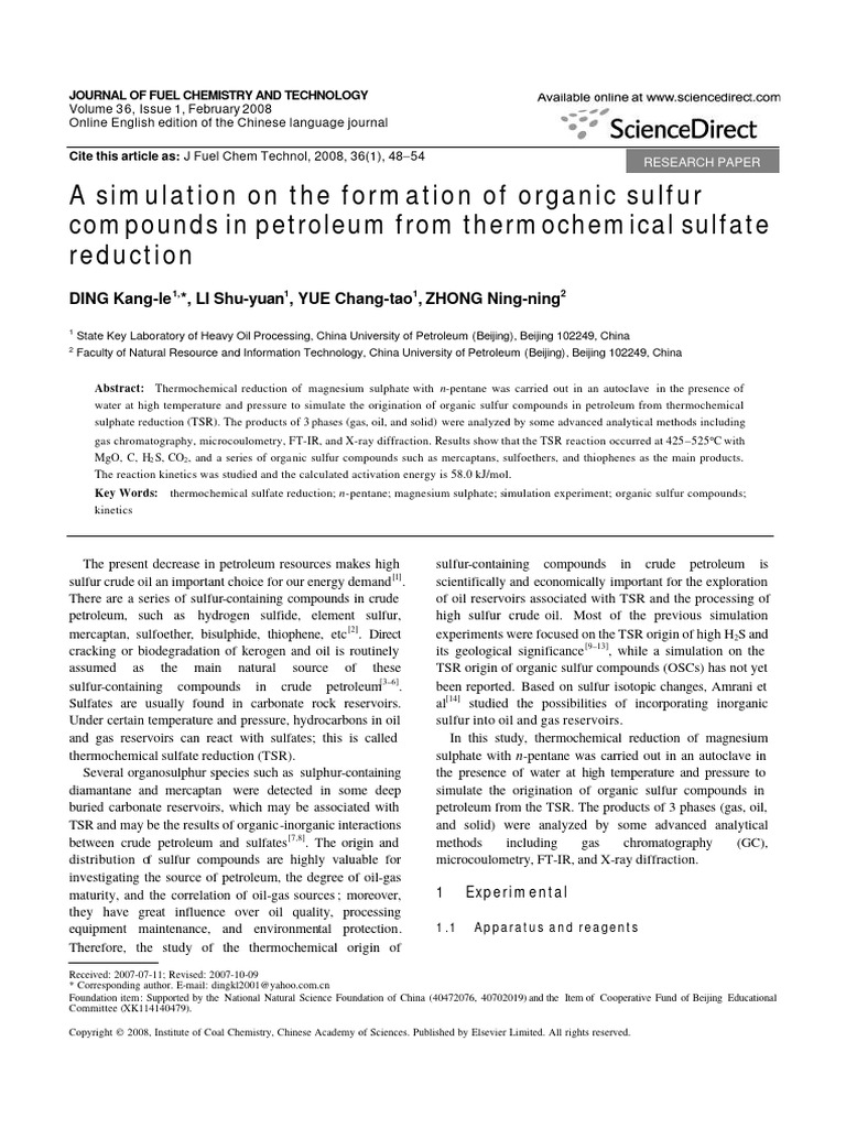 A Simulation On The Formation of Organic Sulfur Compounds in Petroleum ...