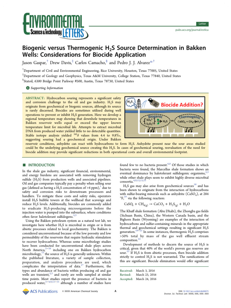 2016 - Alvarez - Biogenic Versus Thermogenic H2S Source Determination in Bakken | PDF ...