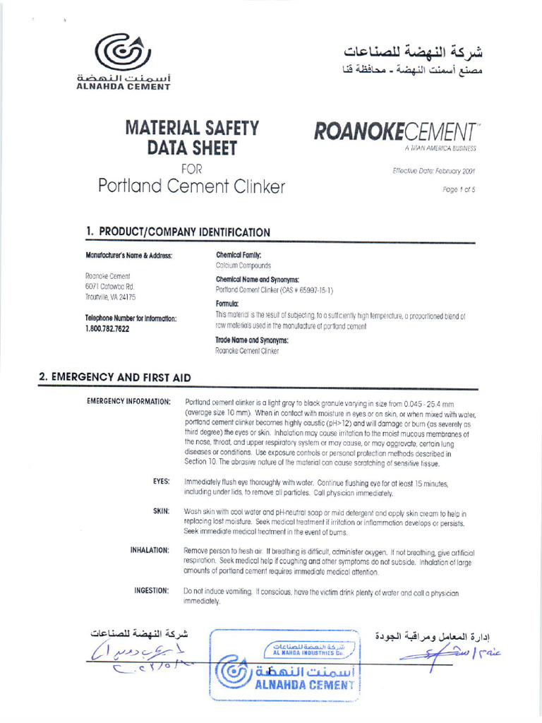 Material Safety Data Sheet For Portland Cement Clinker | PDF
