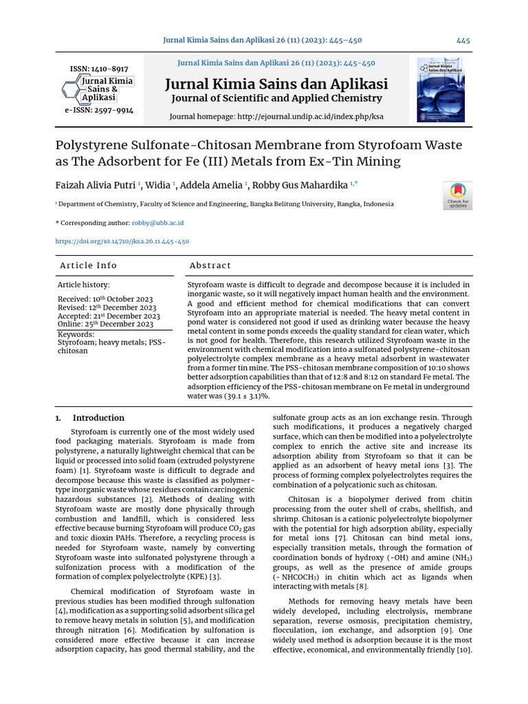 Polystyrene Sulfonate-Chitosan Membrane From Styro | PDF | Adsorption | Ion