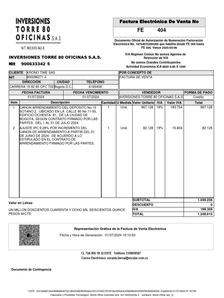 Nit Inversiones Torre 80 Oficinas S A S 5 Factura Electrónica De