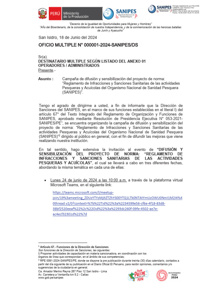 Oficio Multiple-000001-2024-Ds (Campaña de Difusion y Sensibilizacion) | PDF