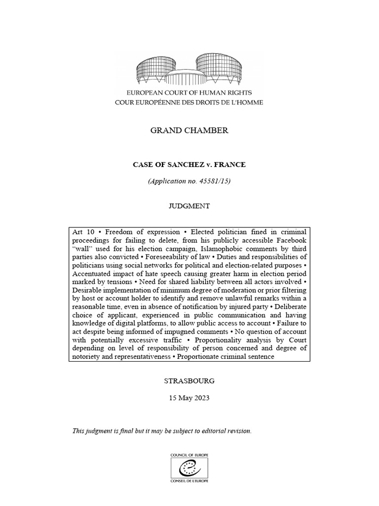 CASE OF SANCHEZ v. FRANCE | PDF | Crimes | Crime & Violence