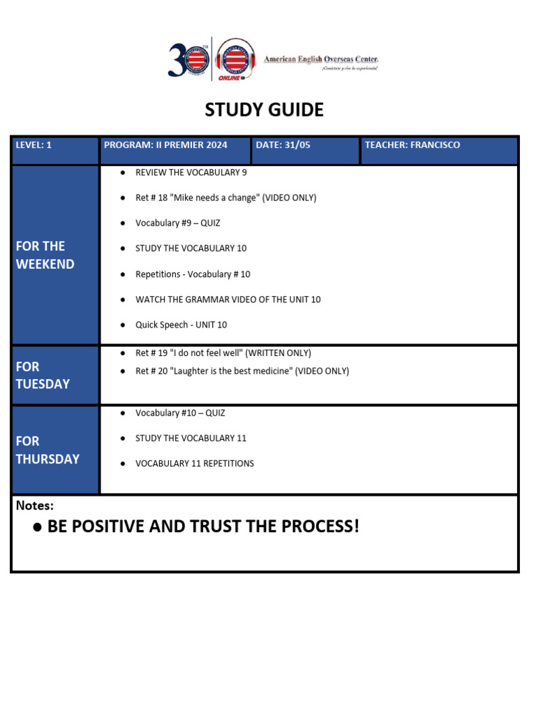 Level 1 Study Guide: Vocabulary & Quizzes | PDF