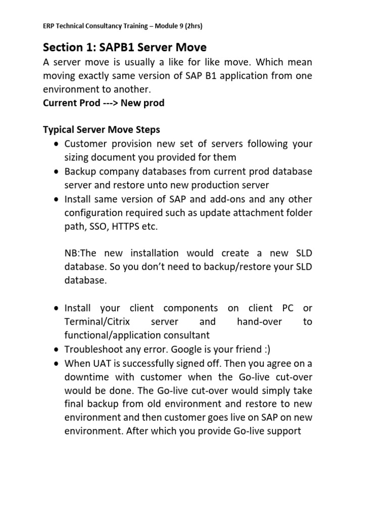 Technical Consulting - SAPB1 Server Move and Upgrade | PDF | Databases | Server (Computing)