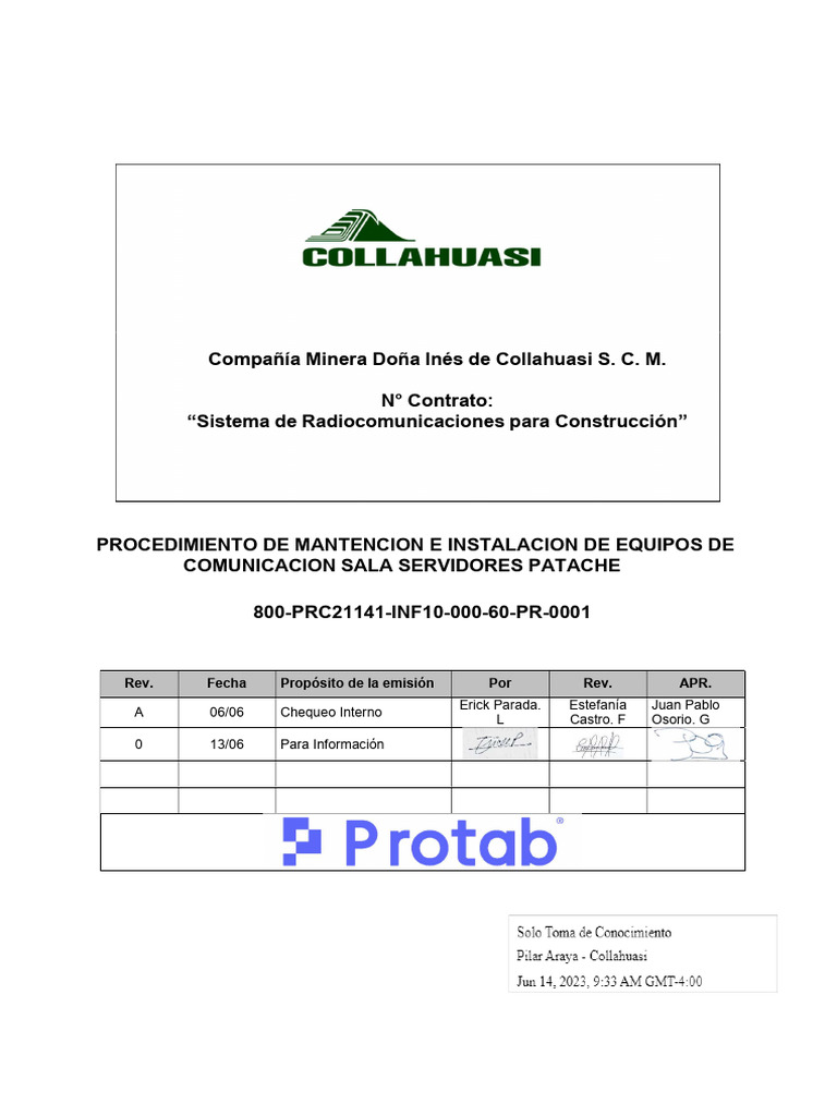 Procedimiento de Mantencion e Instalacion de Equipos de Comunicacion Sala Servidores Patache ...