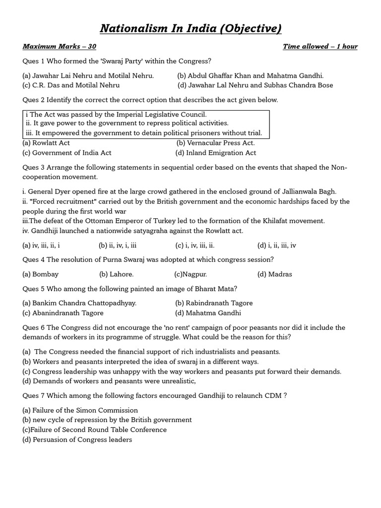 Nationalism in India (Obj.) | PDF | Mahatma Gandhi | British Raj