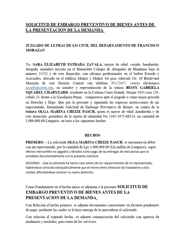 Escrito de Solicitud de Embargo Preventivo de Bienes Antes de La ...