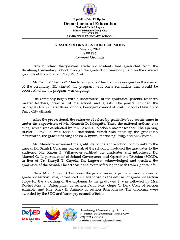 Narrative Report - Grade 6 Graduation - 05 29 2024 | PDF