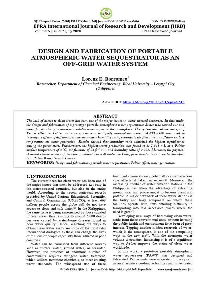 Design and Fabrication of Portable Atmospheric Water Sequestrator | PDF ...