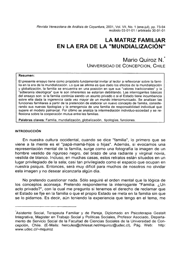 Matriz Familiar Quiroz 2001 | PDF | Familia | Globalización