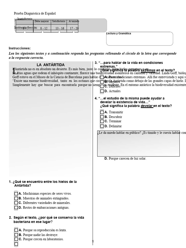 Prueba Diagnóstica Español 06-07-24 | PDF | Antártida