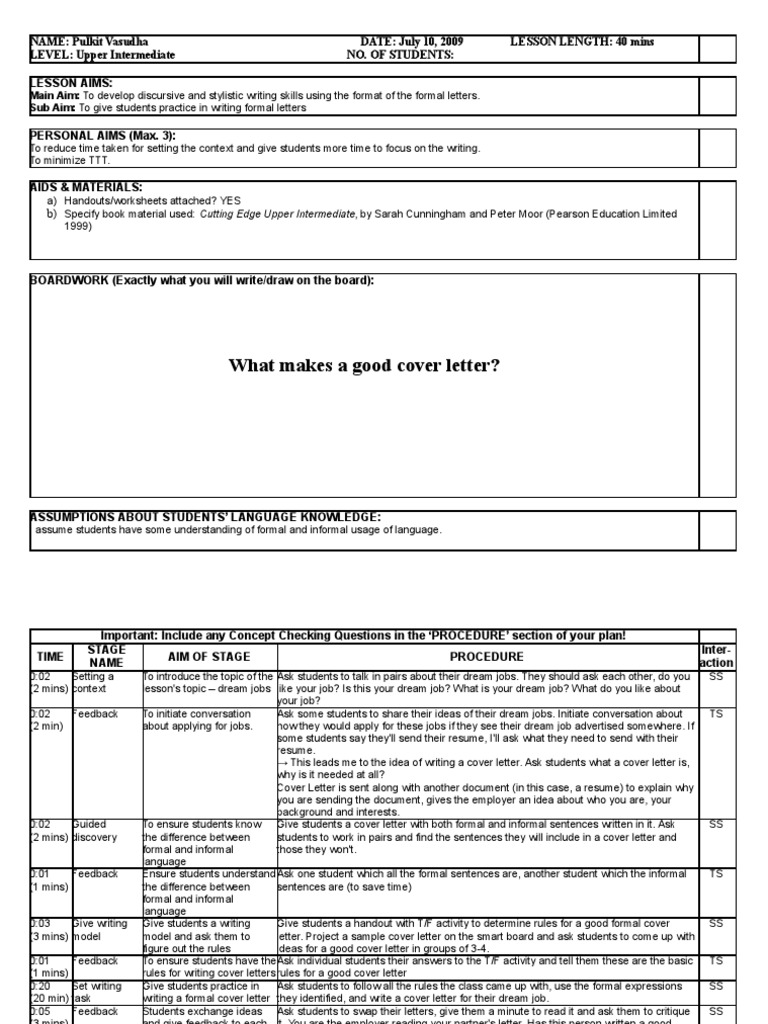 Writing Formal Cover Letters Lesson | PDF