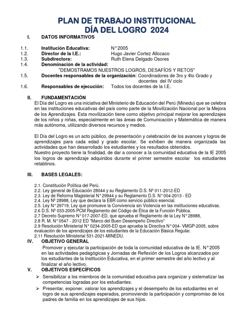 Plan Día del Logro 2024 Minedu | PDF | Salón de clases | Enseñando