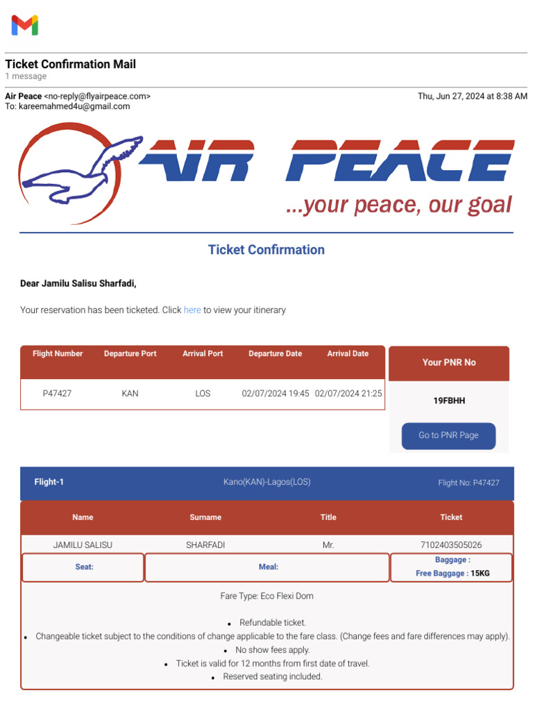 Gmail - Ticket Confirmation Mail | PDF | Business Class | Baggage
