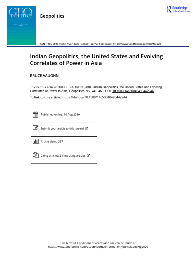 Indian Geopolitics The United States and Evolving Correlates of Power ...