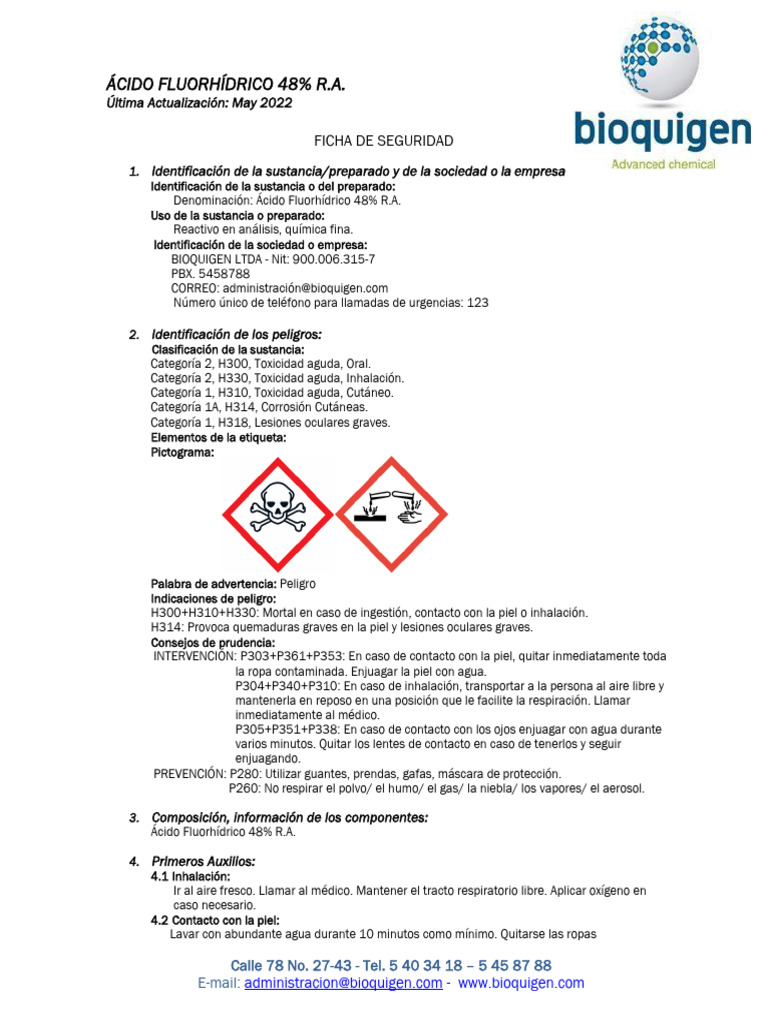 -FDS - ACIDO FLUORHÍDRICO 48% R.A. | PDF | Quemar | Residuos